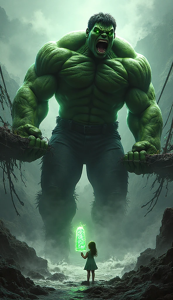 Hulk clings to a broken suspension bridge over a raging river - SeaArt AI