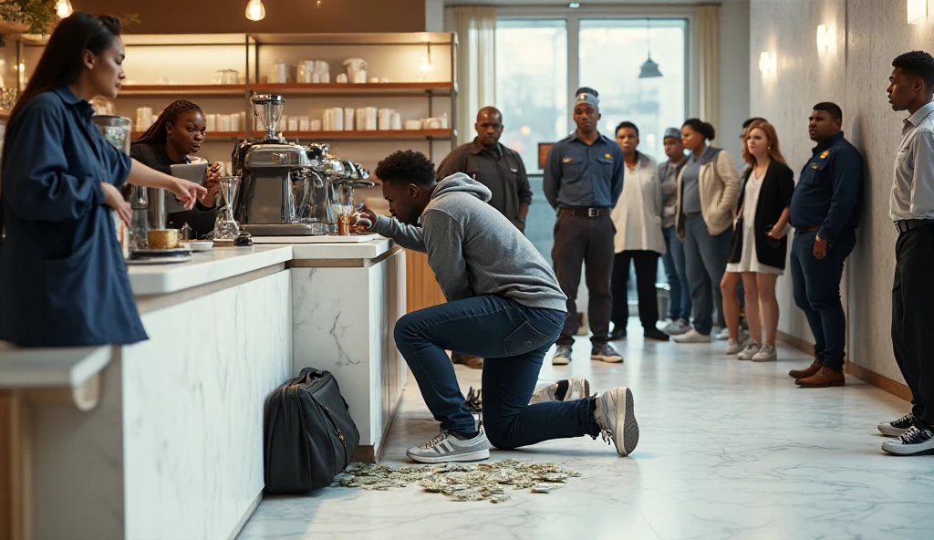 A modern coffee shop with bright natural lighting, clean white marble ...