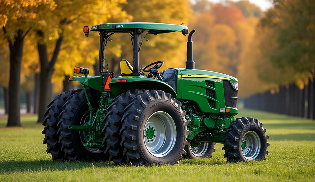 A bright green compact farm 2026 John Deere 9700 tractor parked on a ...
