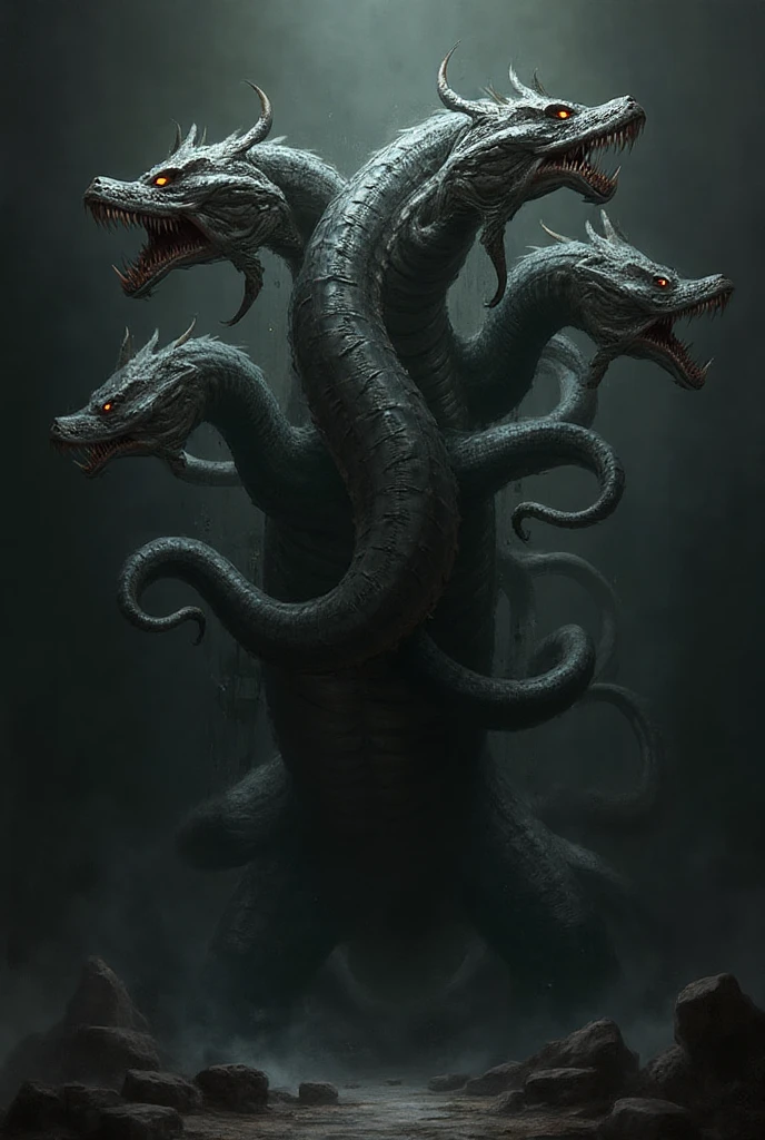 Mithologic hydra, four heads, grey skin, dragon body, painting style ...