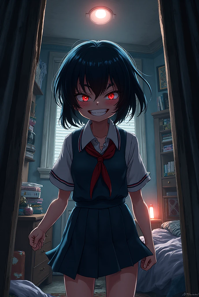 Anime character in the bedroom and smiling maliciously when seeing his ...