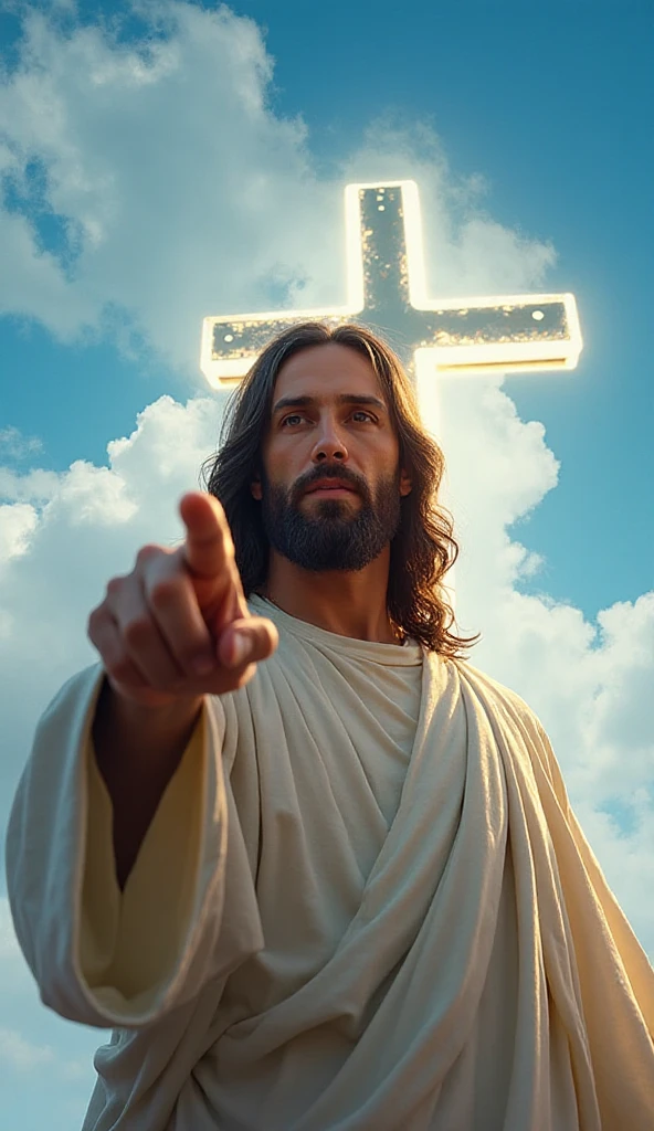Jesus Christ looking directly forward, com cabelos longos, pointing the ...