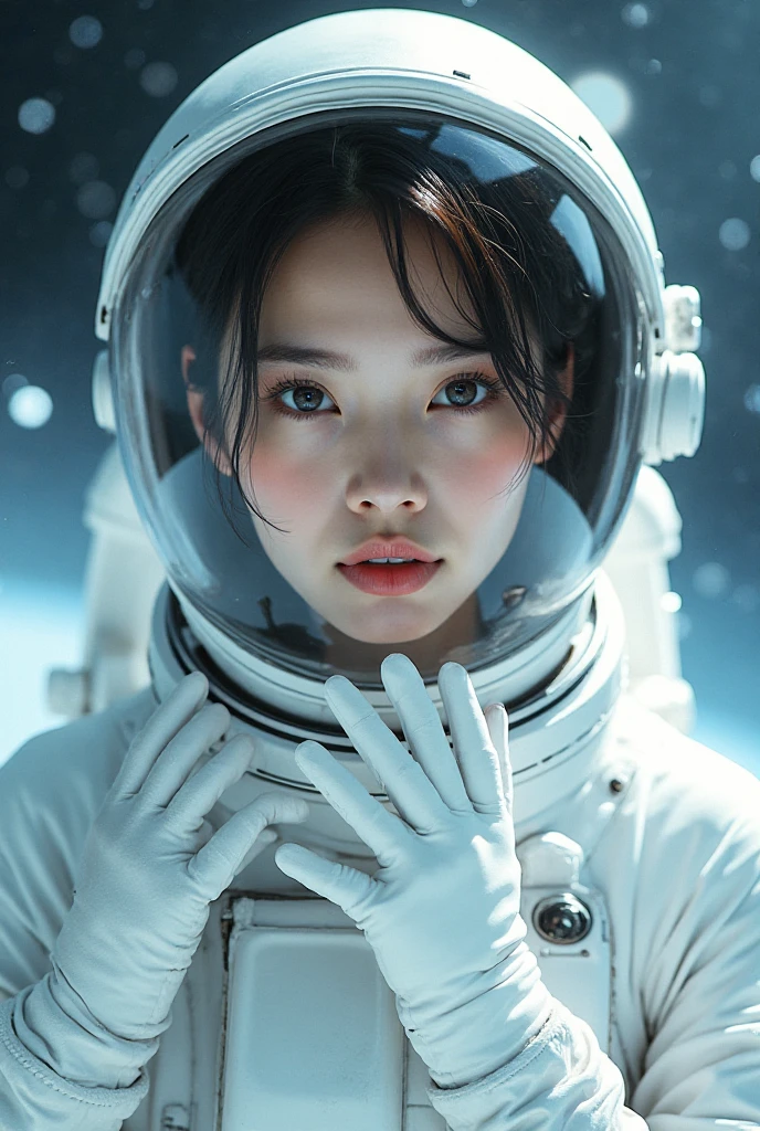 A female cosmonaut taking in very beautiful space. She has a white ...