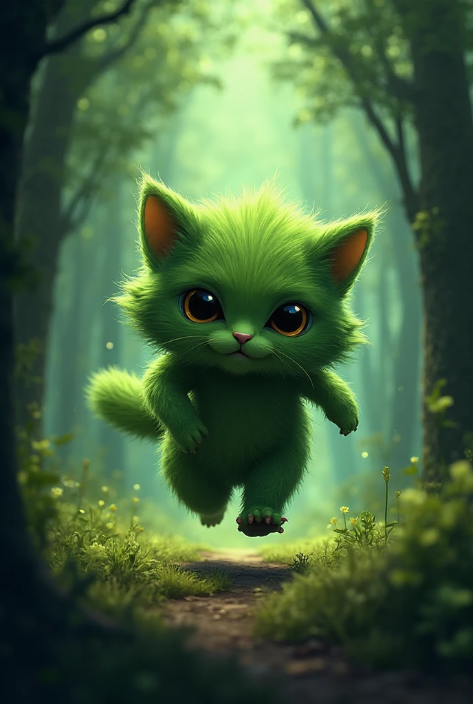 Has a green furry cat running through a forest, cute forest creature ...