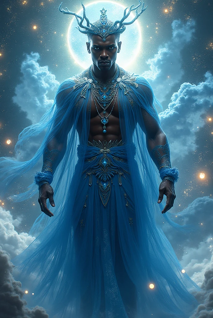Make hyper realistic a handsome black African god wearing a sheer blue ...