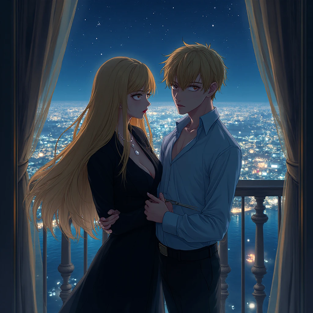 Anime style scene set in an indoor luxury room that opens onto a wide ...