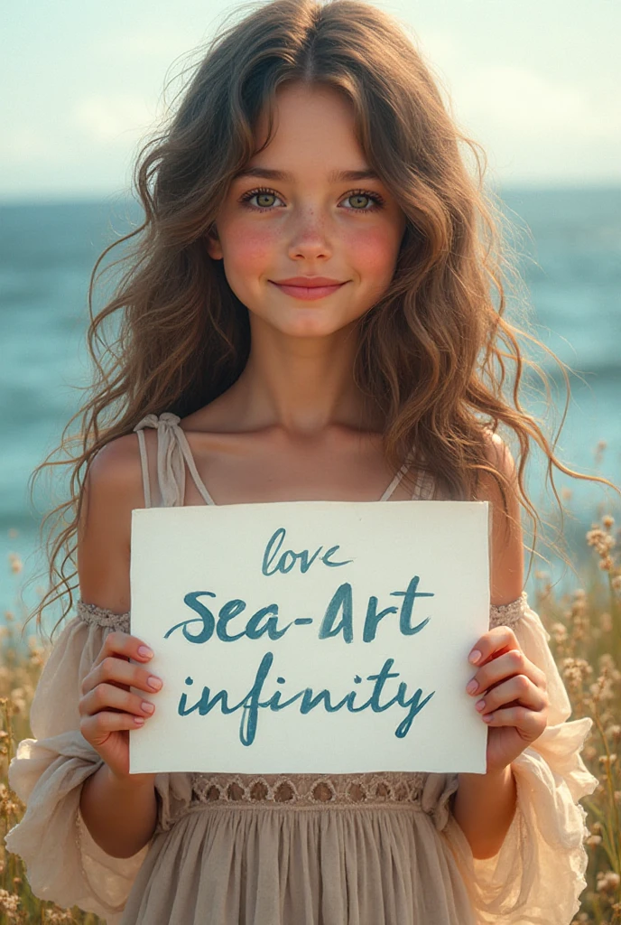 Beautiful girl with wavy long hair, bohemian dress, holding a white board with t - SeaArt AI