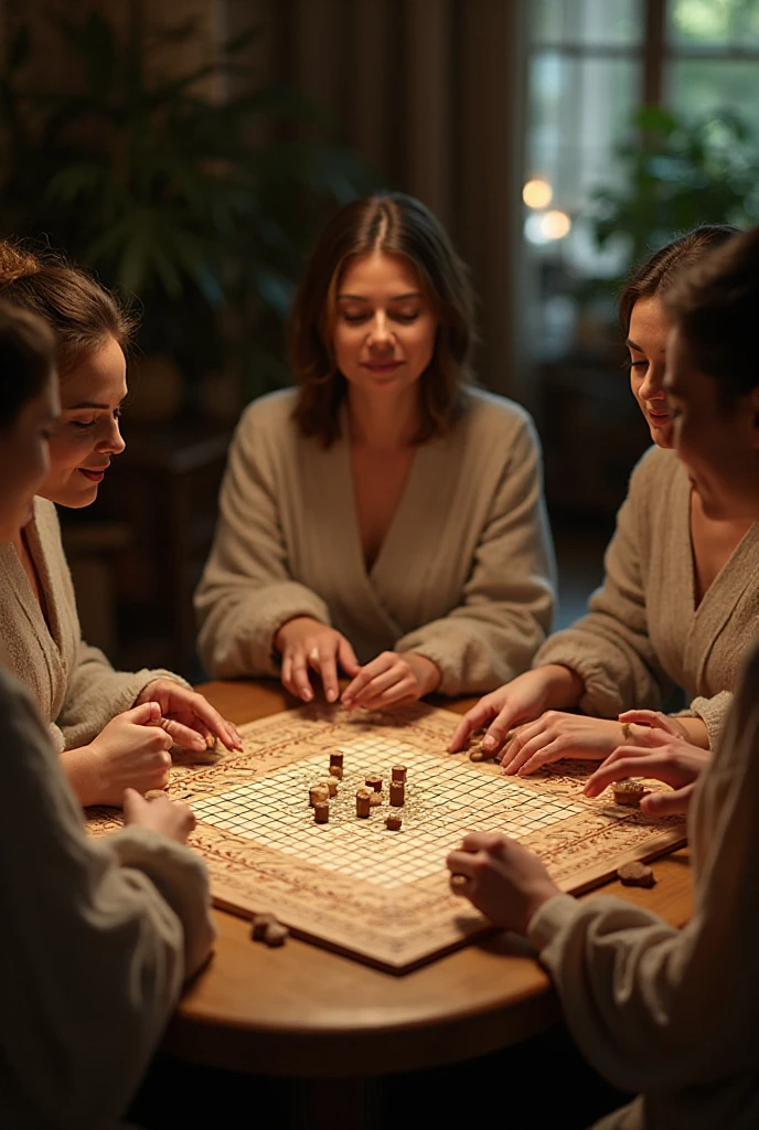 A group of people , women sit at a cozy table and play the Satori ...