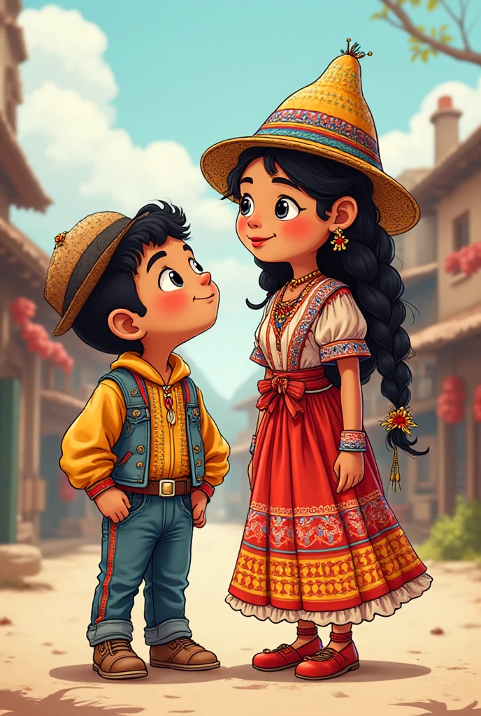 I need a cholito and a Bolivian cholita, cartoon type, add a hat and ...