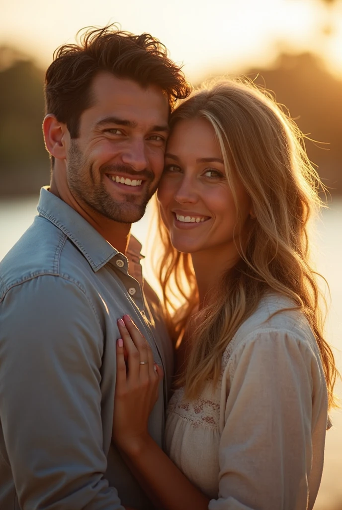 A loving couple standing close together, genuine smiles, intimate ...