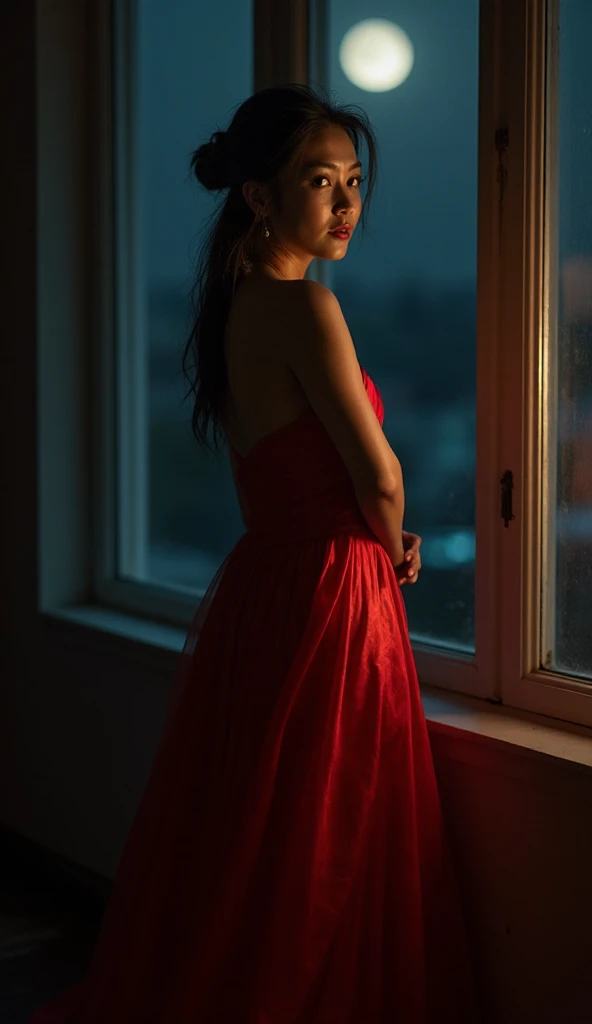 A beautiful Thai woman in a flowing red silk dress, standing near a ...