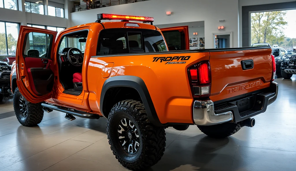 A orange Toyota Tacoma TRD Pro pickup truck, back right view - SeaArt AI