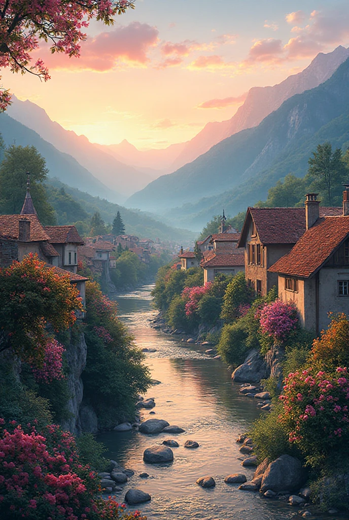 A small town by the river, mountains in the background, flores florales ...