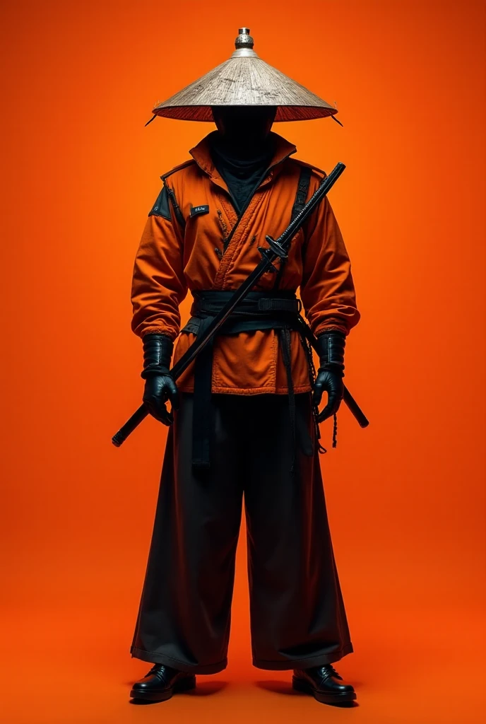 A full-body studio shot of a futuristic stylized samurai, wearing a ...
