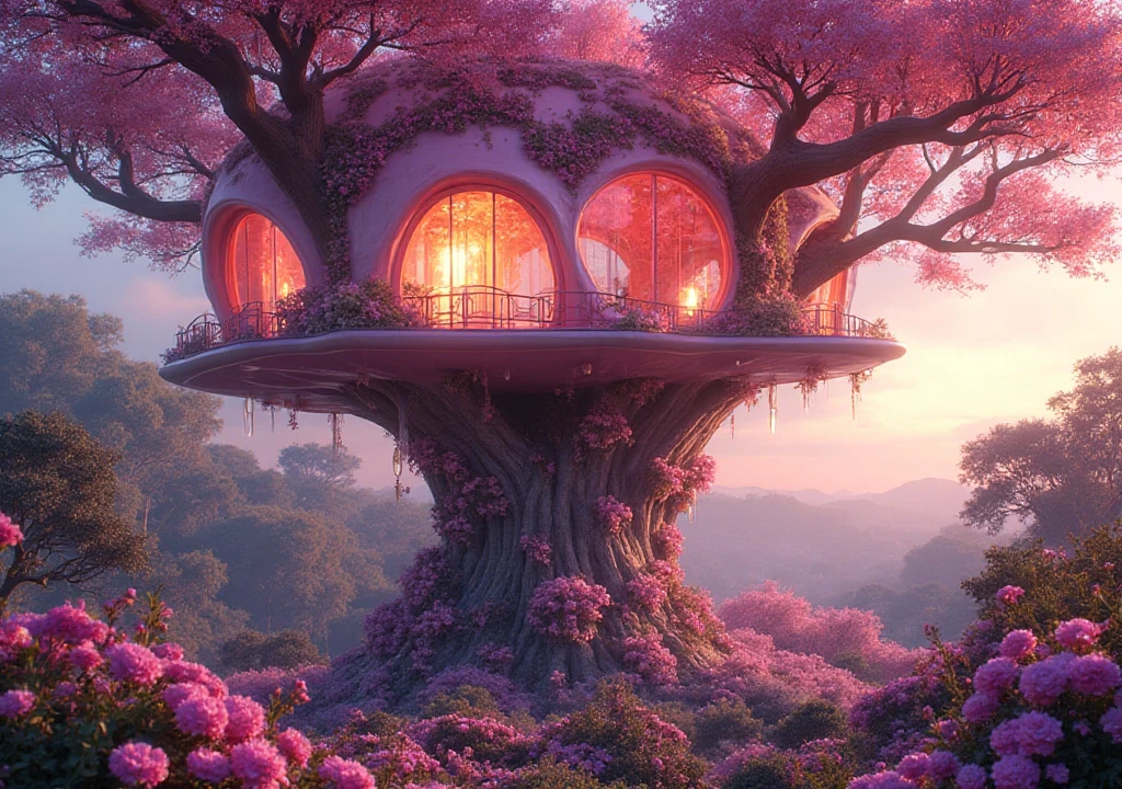 Fantasy organic treehouse, luminous crystal details, biodesign ...