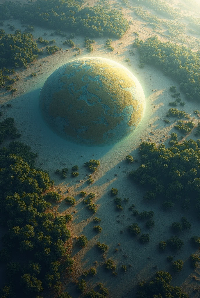 Transform this into an aerial view of an alien planet with glowing ...