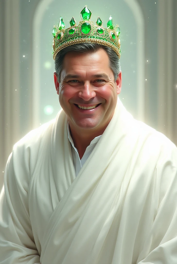 Charlie Kirk smiling and wearing a white robe with a crown of emeralds ...