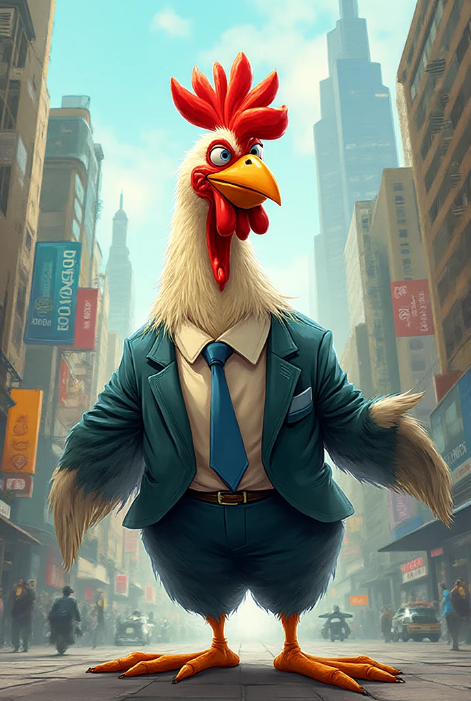 Cartoon of a chicken broker ,... waiting eagerly to do business - SeaArt AI