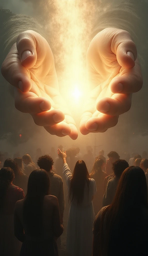 "8K hyper realistic scene of God’s enormous radiant hands surrounding a ...