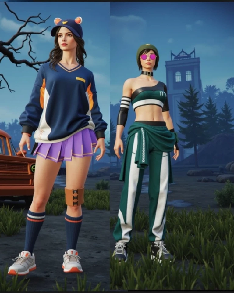Two female PUBG characters, stylish battle outfits, no helmets - SeaArt AI