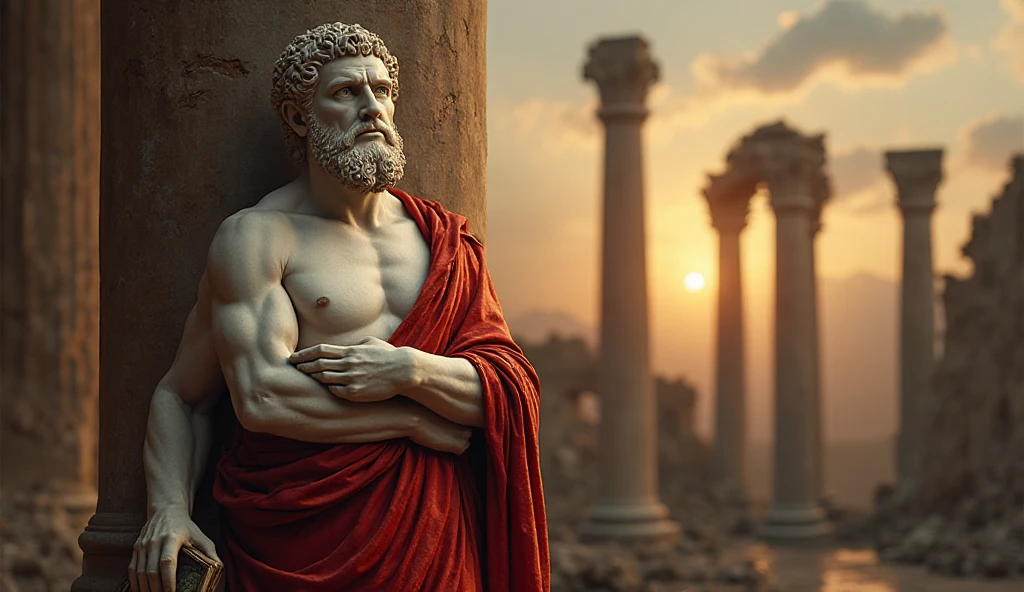 “Roman statue of a stoic philosopher in white marble, wearing a red ...