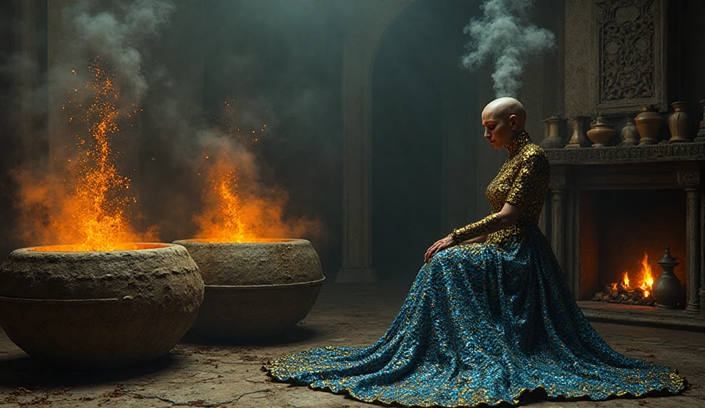 A surreal, industrial-fantasy scene with a figure resembling a bald ...