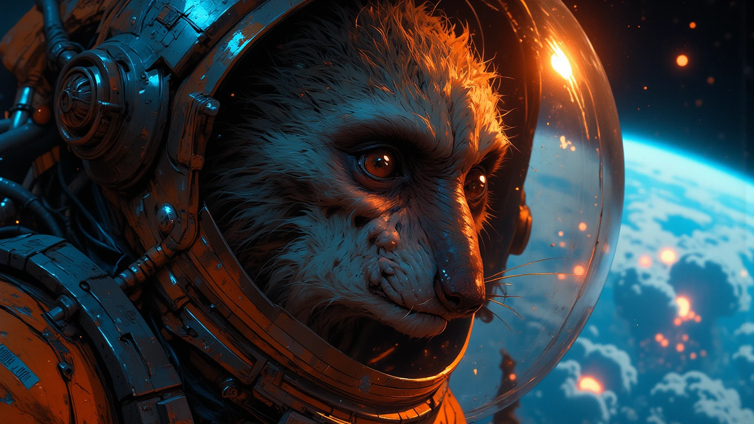 Extreme close-up of an anthropomorphic raccoon in an astronaut helmet ...