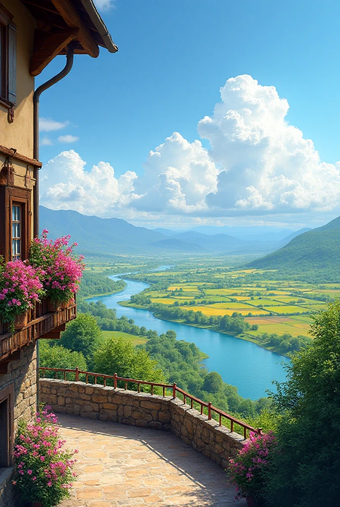 A quaint balcony adorned with vibrant pink flowers overlooks a ...