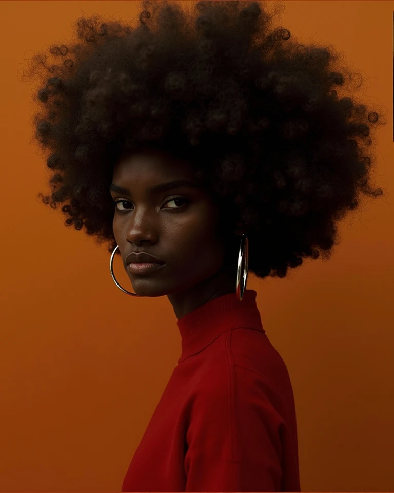 A striking portrait of a Black woman with voluminous natural afro hair ...