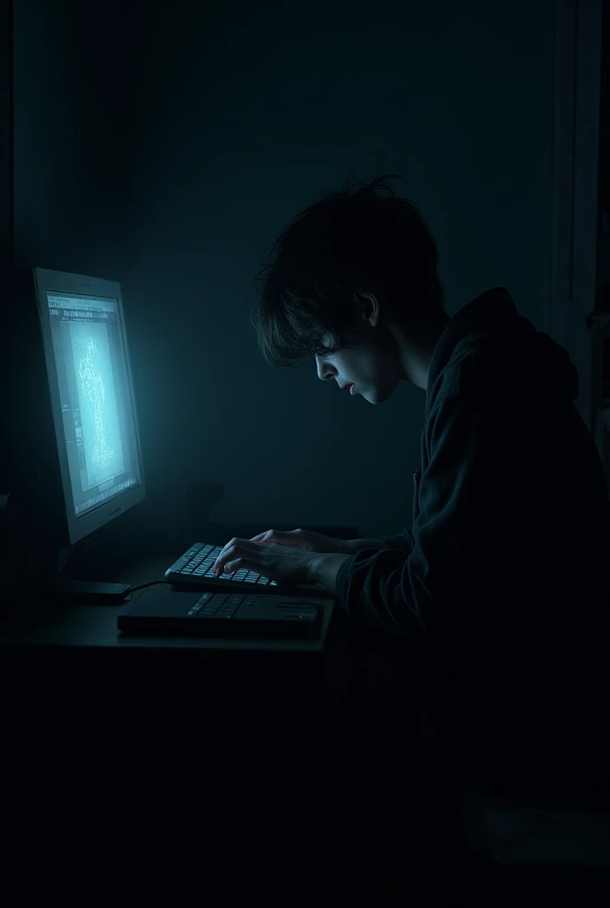 Teen in a dark room sitting at the computer - SeaArt AI