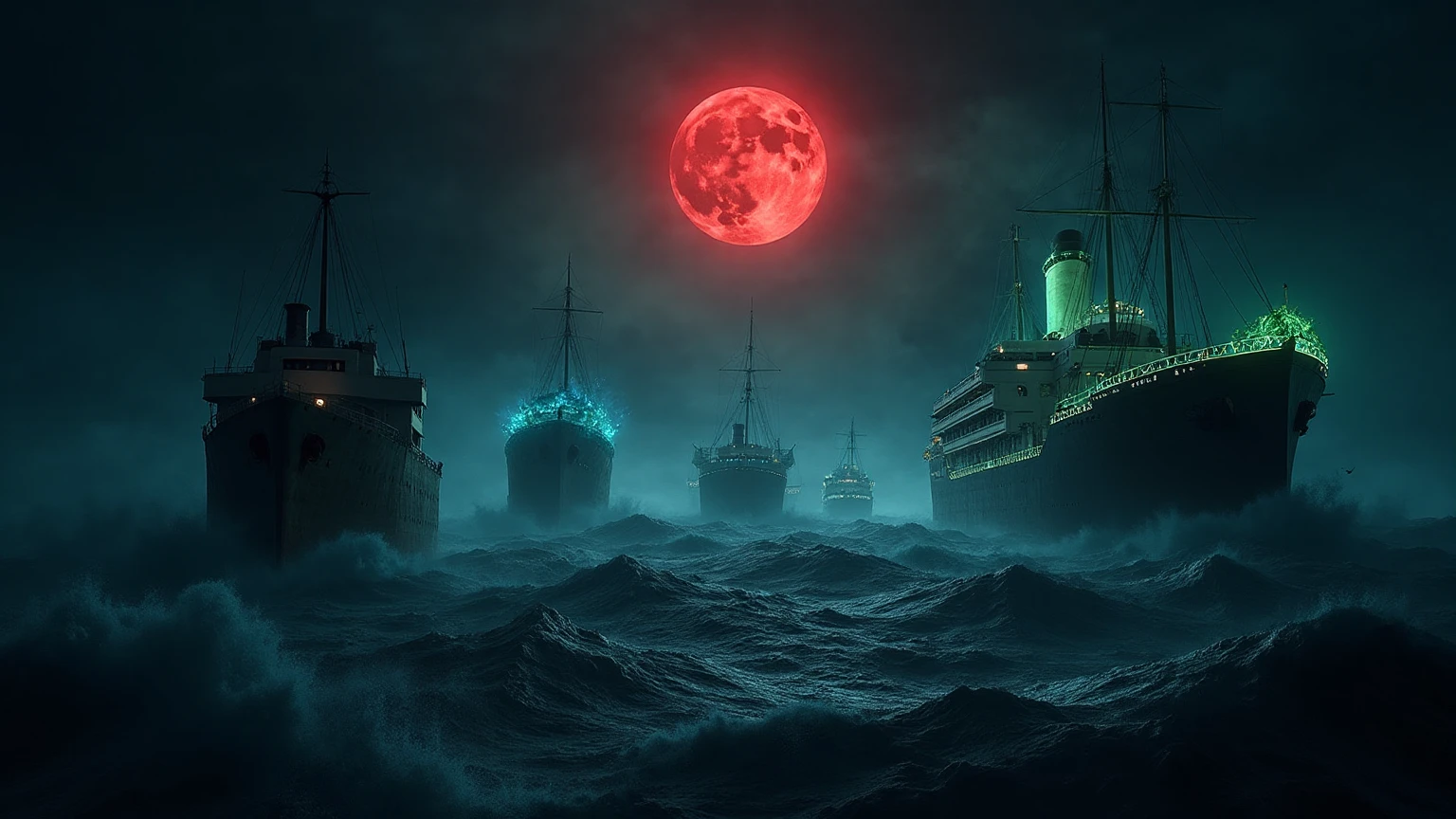 A stormy ocean at night under a blood-red moon. In the crashing waves ...