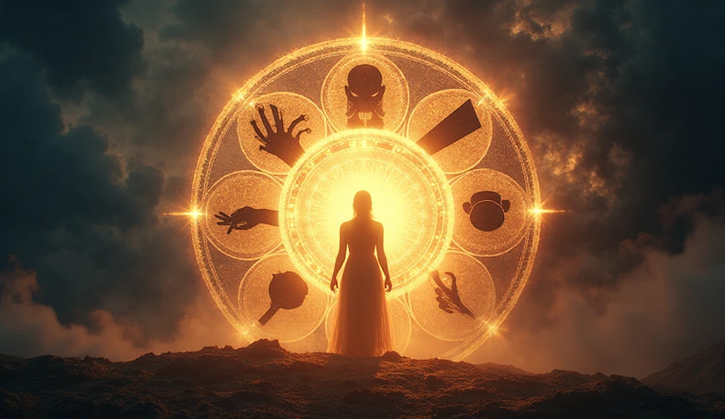 A radiant figure standing in the middle of a circular mandala glowing ...