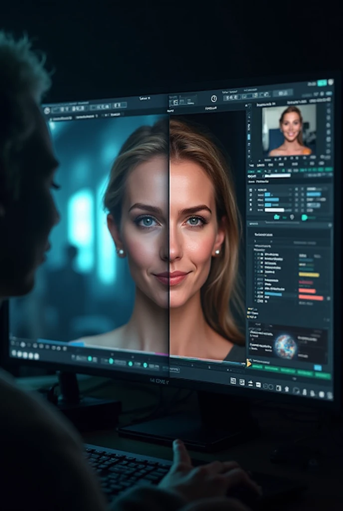 A face being digitally swapped in a video, video editing software ...