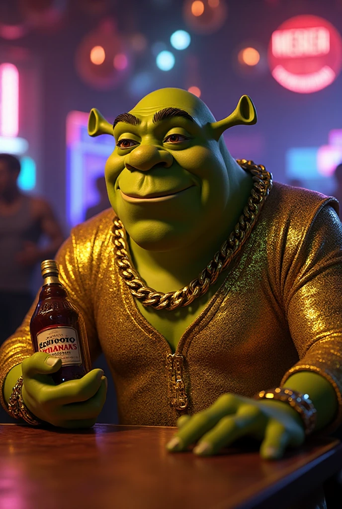 Shrek Buchón, with gold Versace shirt, giant gold chain, bottle of ...