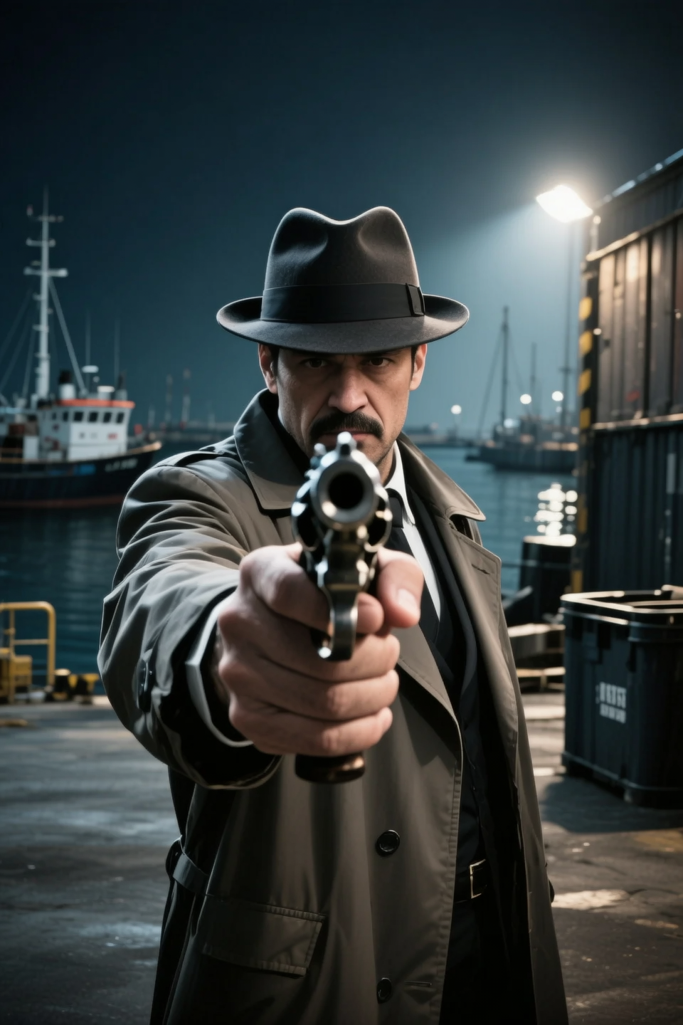 A mafia man wearing a fedora hat and trench coat, his right hand ...