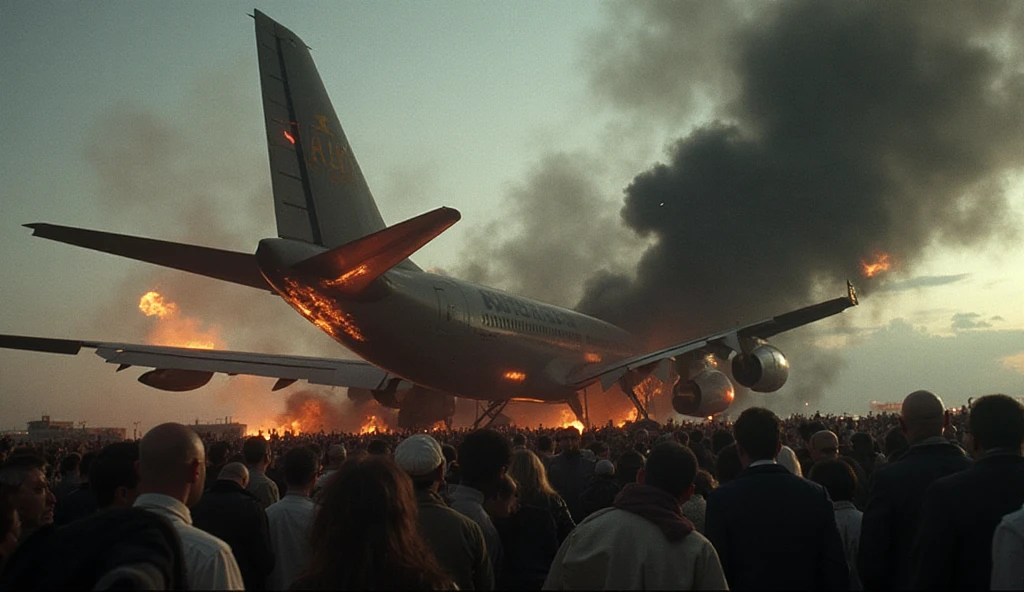 A realistic, intense shot of the airplane after landing. Fire spreads ...
