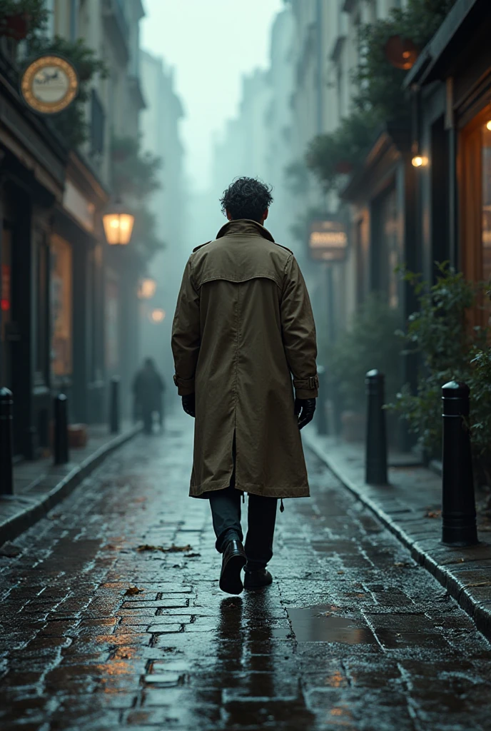 A hyper-realistic urban street scene at dawn in a rain-slicked European ...
