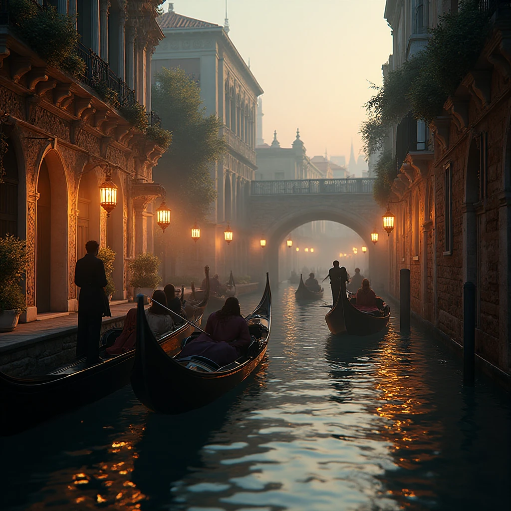 Romantic Venice with narrow canals and gondolas, evening lighting ...