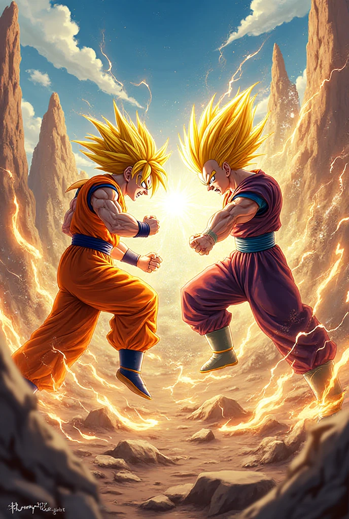 Create an anime fight of goku from dragon ball in super saiyan fighting ...