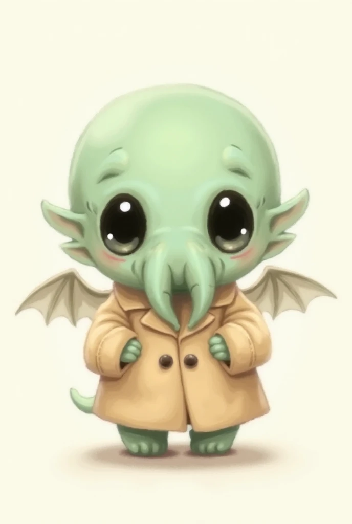 A small, cute chibi-style Cthulhu with big expressive eyes, wearing a ...