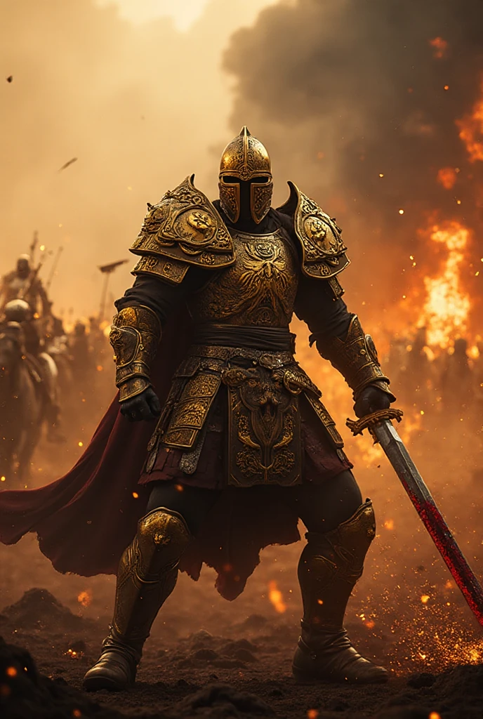 Create a video of A powerful armored warrior wearing golden lion ...