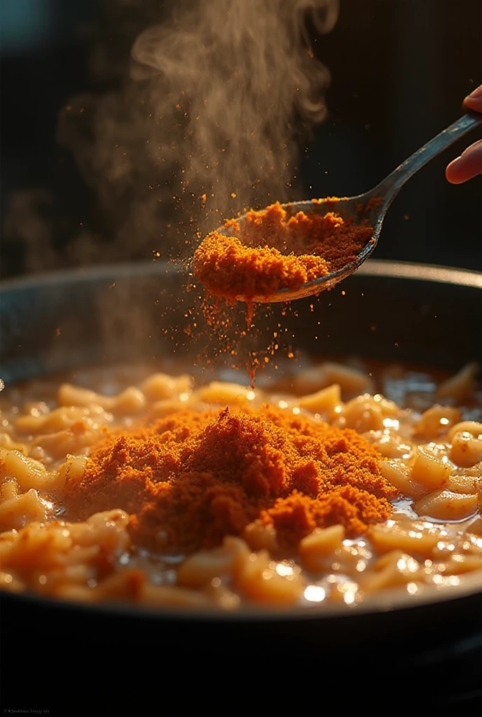 Close-up of sizzling onions in hot oil, spoon sprinkling RBM Karahi Fry ...