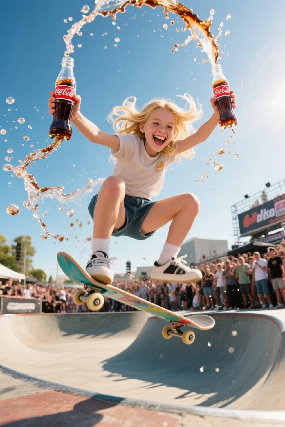 At a vibrant skateboarding competition, a blonde girl with an ...