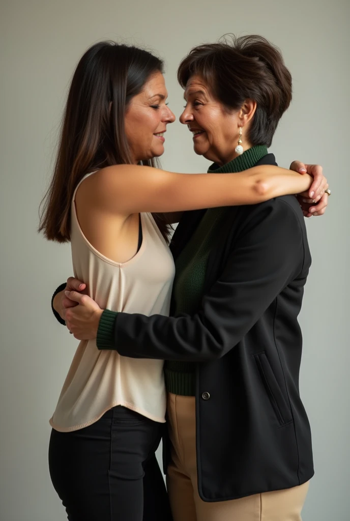 Realistic photo of two people hugging. first person: young woman with ...