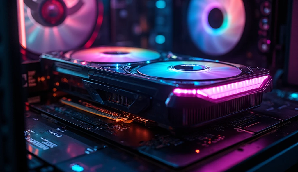 A powerful futuristic graphics card glowing with RGB lights, metallic ...