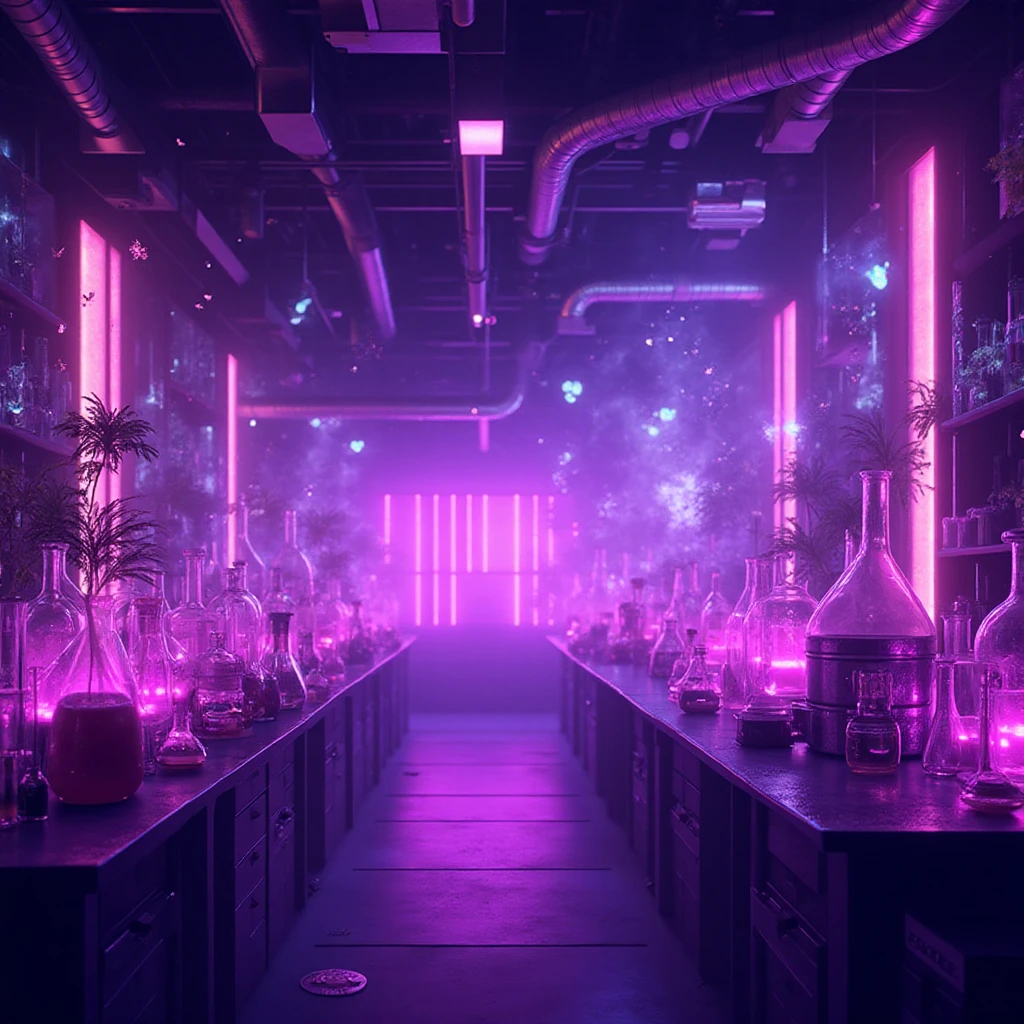 "A futuristic chemistry laboratory interior glowing with dominant ...