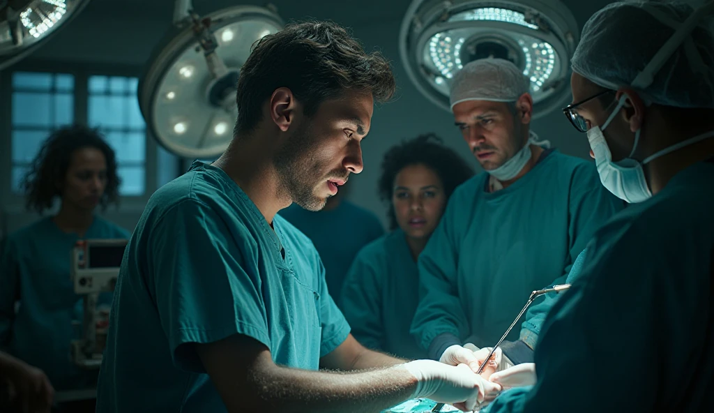 A tense operating room shot: young surgeon in scrubs sweating - SeaArt AI