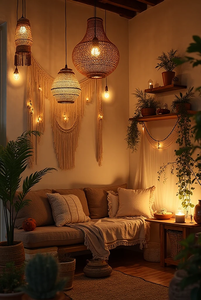 A cozy bohemian living room with warm ambient lighting. Elements ...