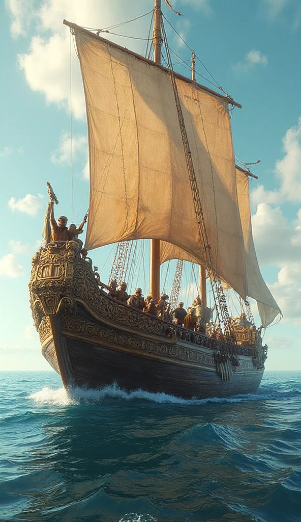 In ancient Arab times, Arab sailors aboard a huge wooden ship spread ...