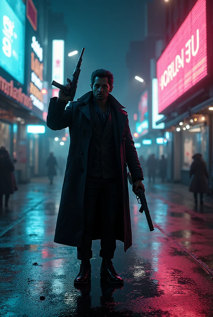 A futuristic clueless hitman, standing awkwardly in a neon-lit ...